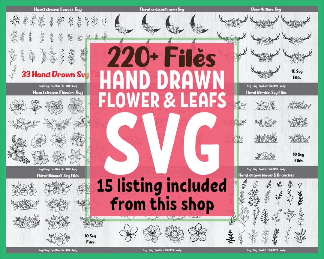 Hand Drawn Flower SVG Bundle: Floral Clipart, Botanical Designs (220 ...