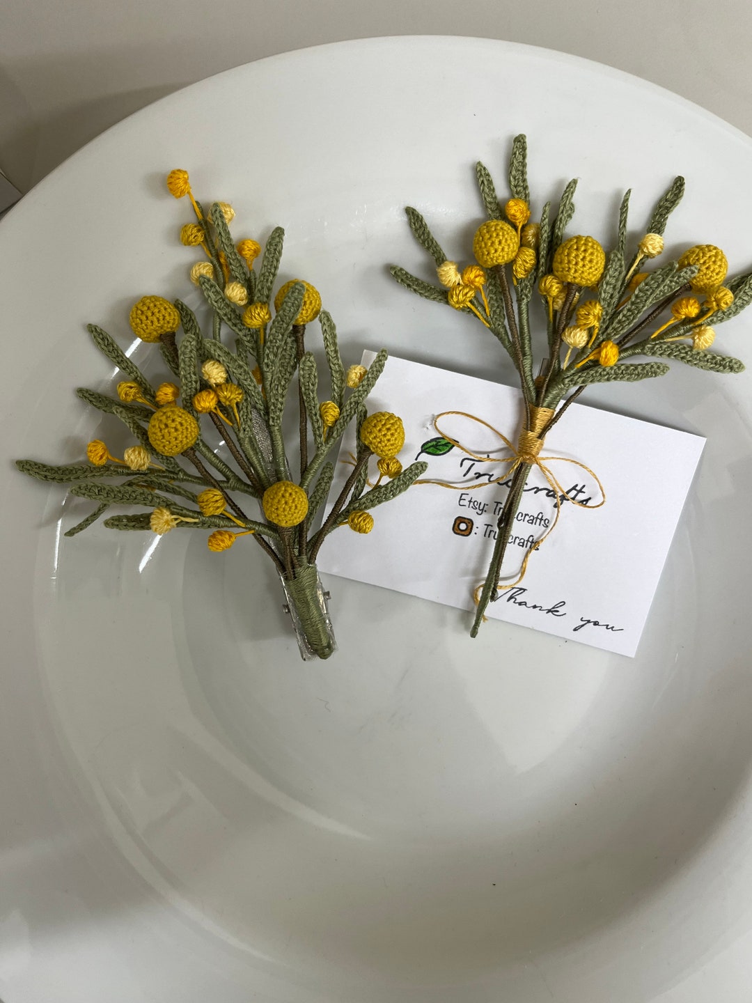 Crochet Wattle and Billy Bottons Brooch, Wedding Flower Boutonniere and ...