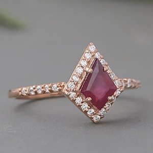 Minimalist Kite Shaped Ruby Engagement Ring, 14K Solid Gold Ruby Halo Wedding Statement Ring for ...