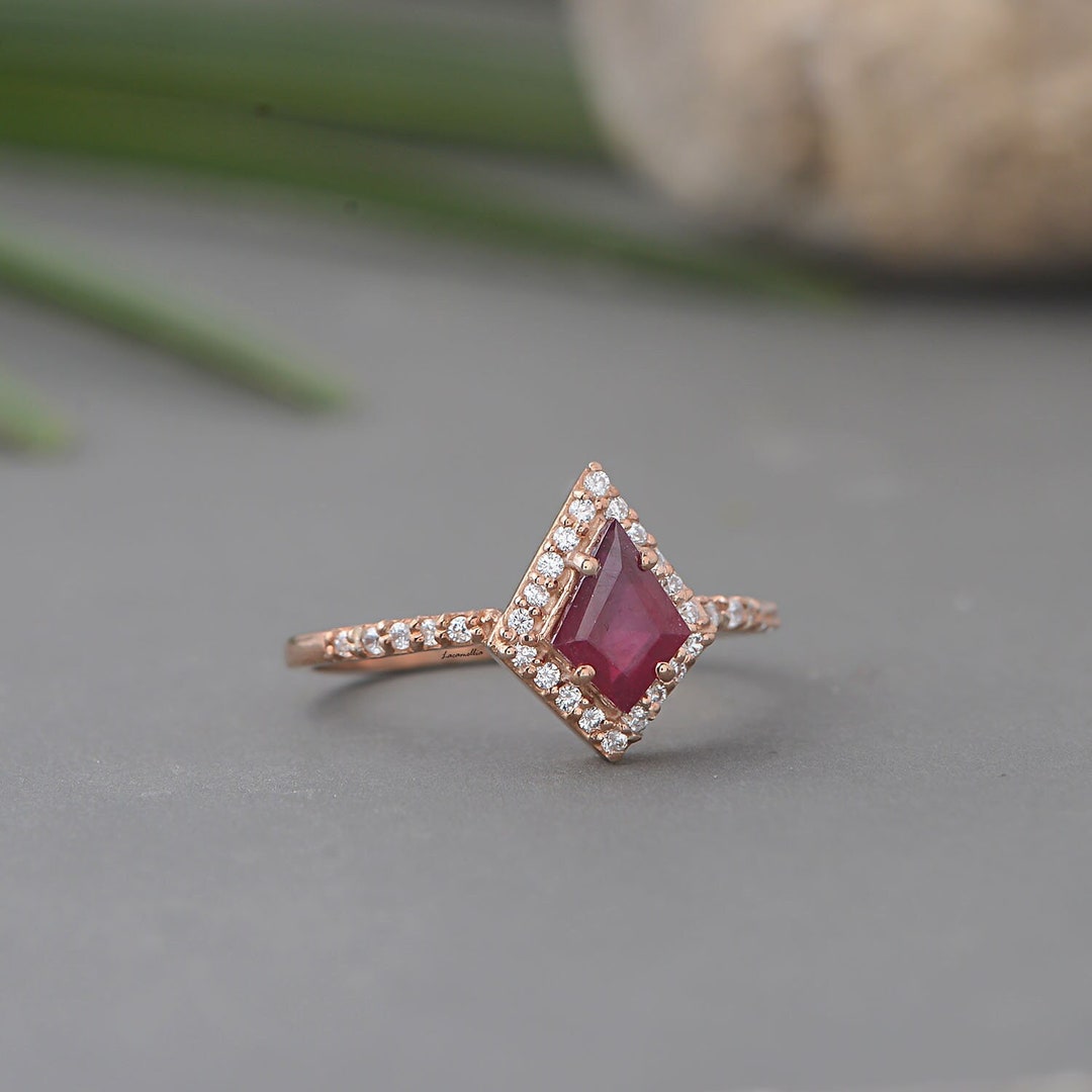 Minimalist Kite Shaped Ruby Engagement Ring, 14K Solid Gold Ruby Halo ...