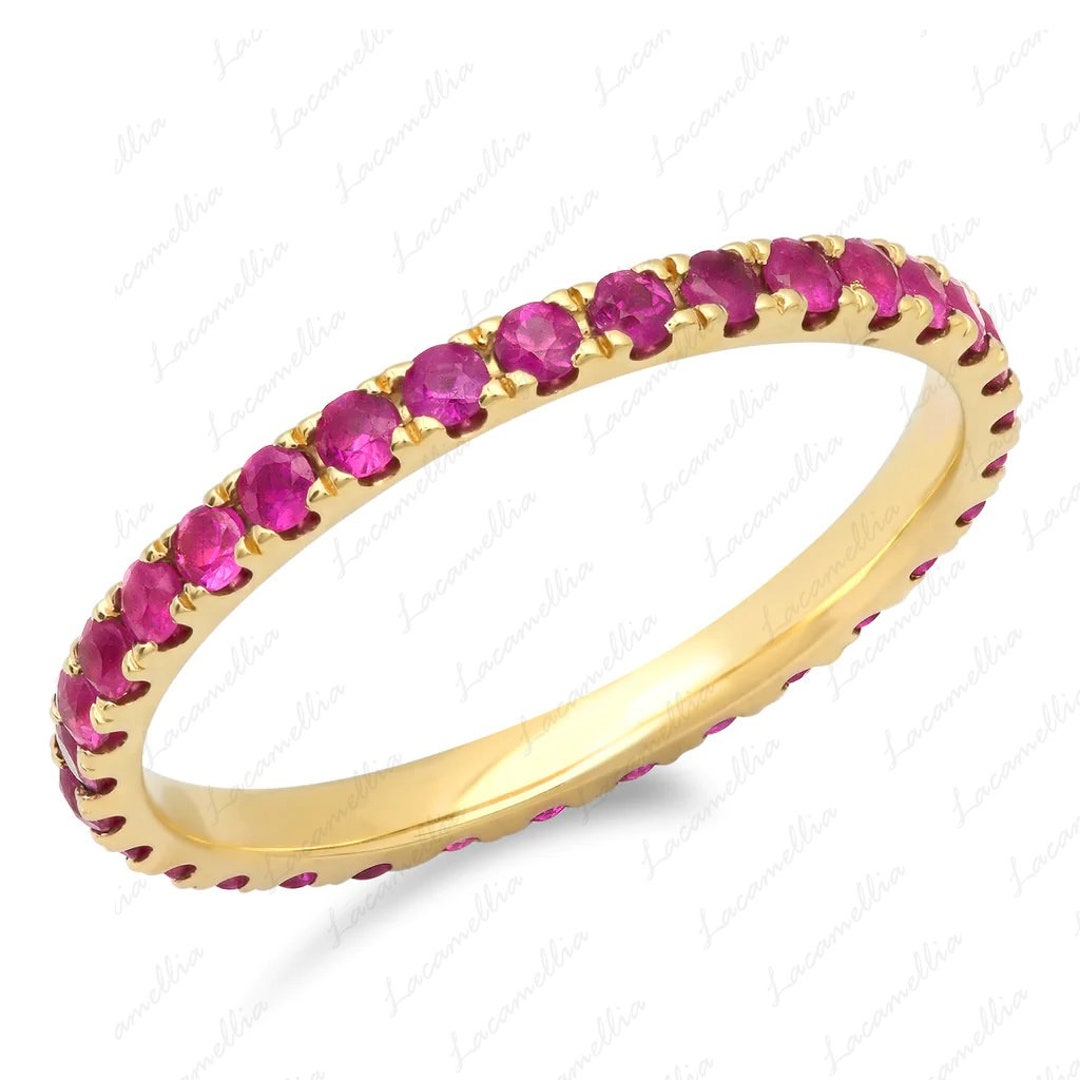Vintage Ruby Wedding Band, Red Round Cut Ruby Dainty Proposal Band ...