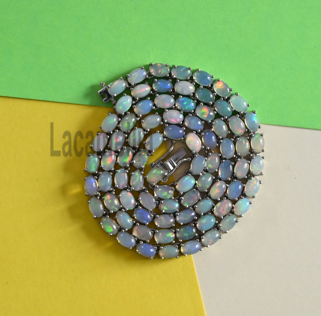 14K Rainbow Natural Opal Tennis Necklace, Opal Chain Link Necklace ...