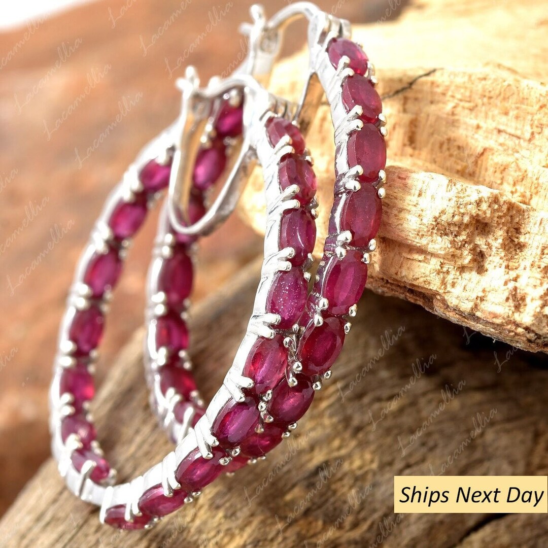 Handmade Ruby Hoop Earrings, Vintage Oval Cut Ruby Dangle Drop Earrings ...