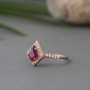 Minimalist Kite Shaped Ruby Engagement Ring, 14K Solid Gold Ruby Halo ...