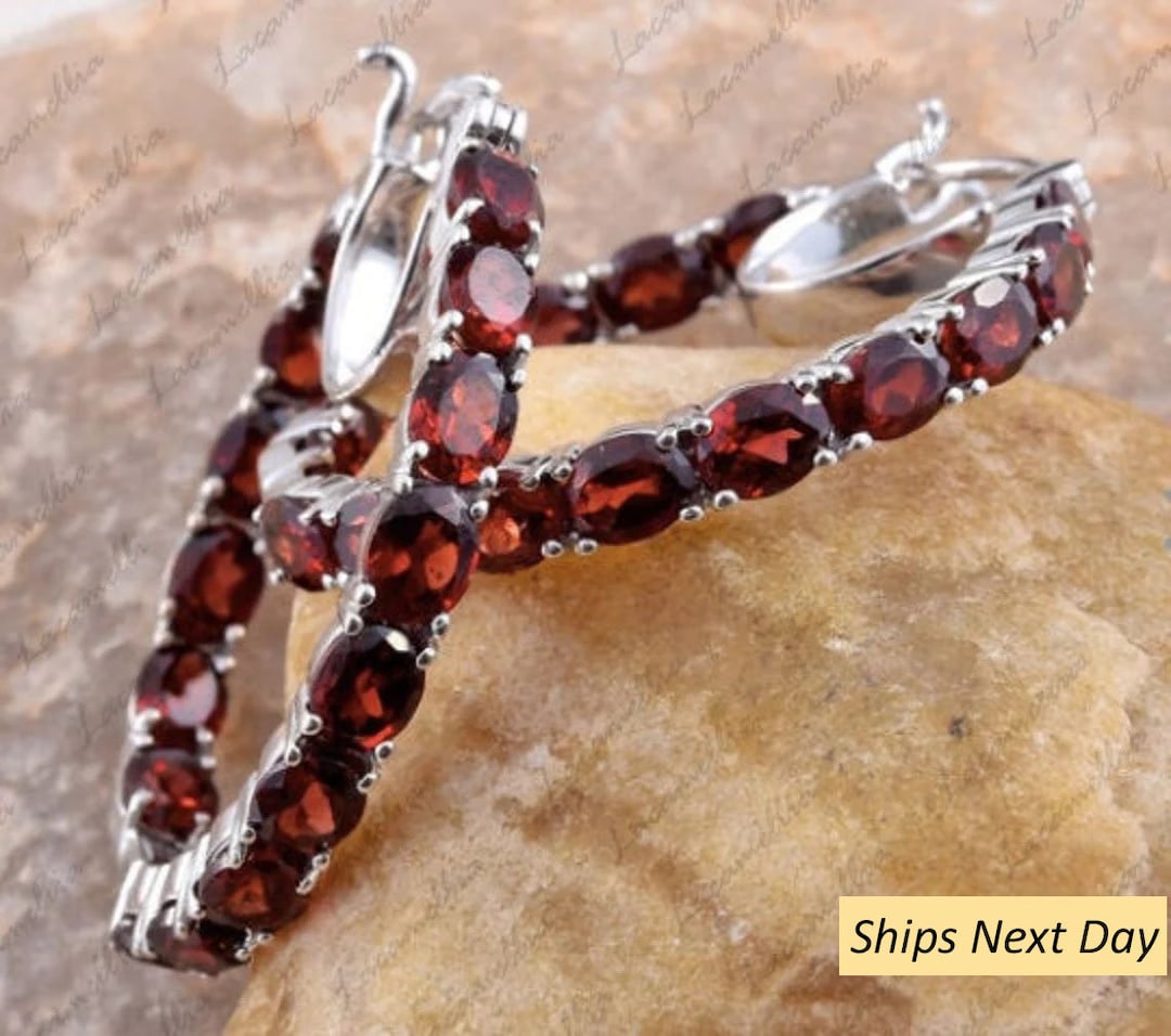 Unique Red Garnet Hoop Earrings Vintage Oval Cut Garnet - Etsy