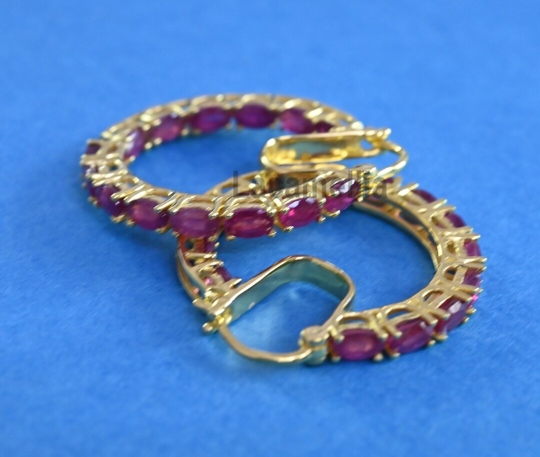 14K Ruby Hoop Earrings, Vintage Oval Cut Ruby Dangle Drop Earrings for ...