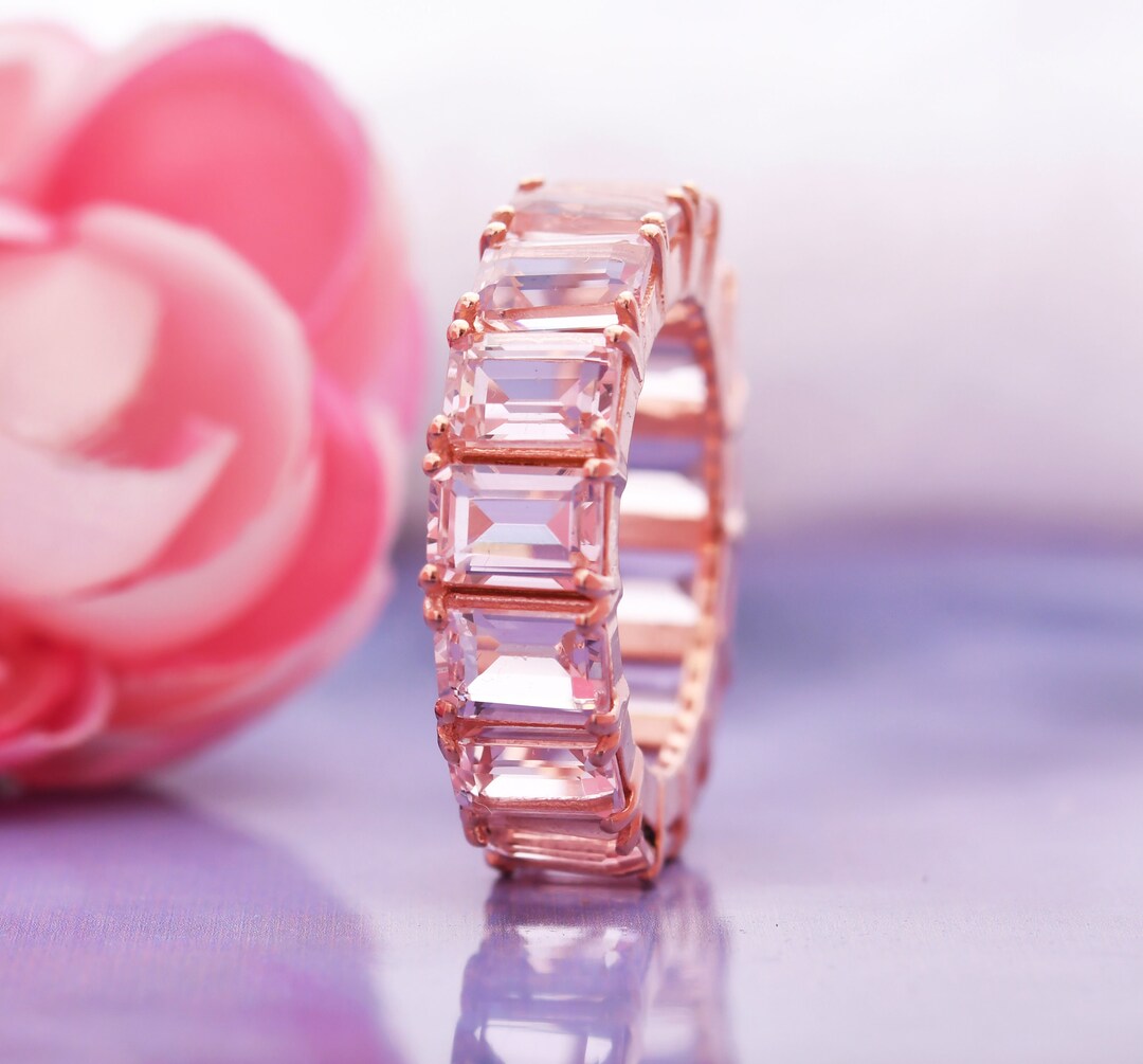 Handmade Emerald Cut Morganite Wedding Band, 14K Solid Rose Gold ...