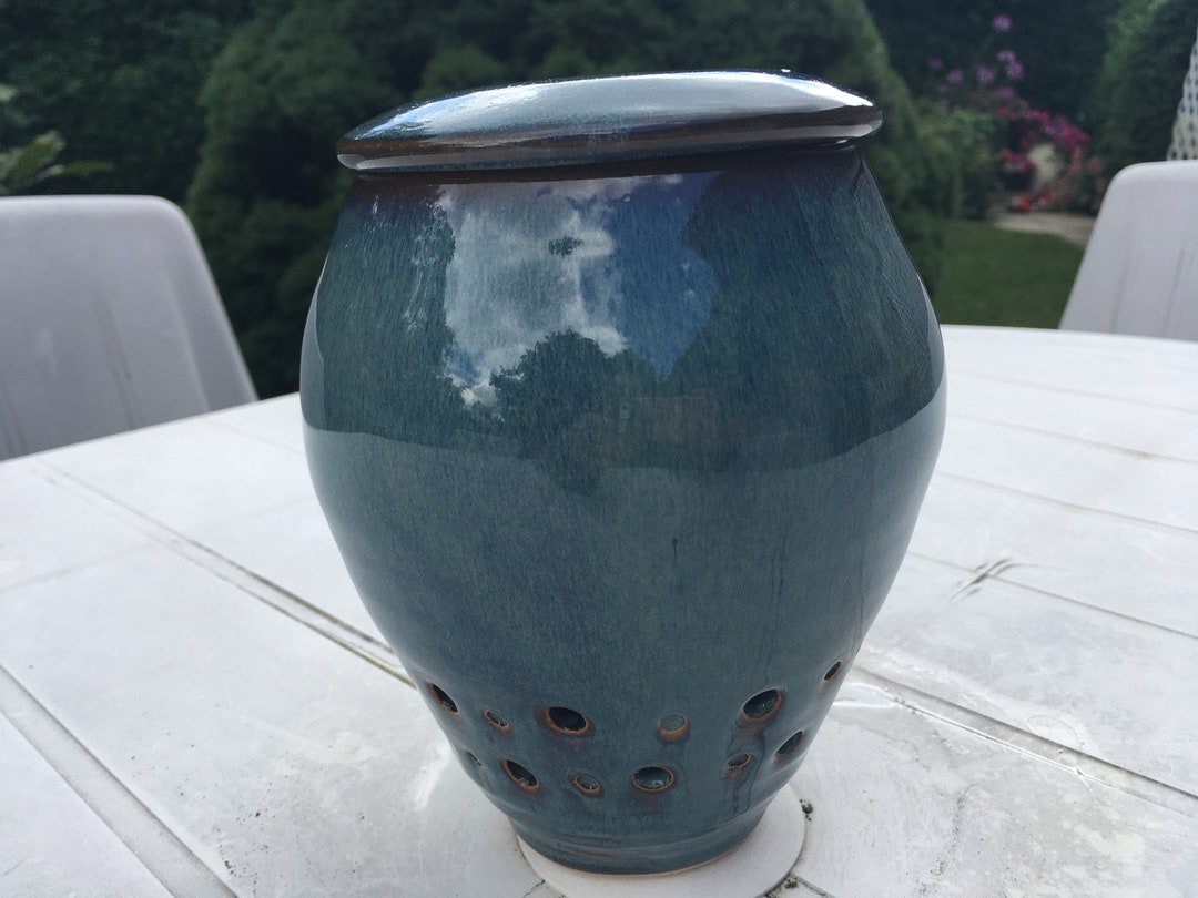 Pottery Garlic Jar, Ceramic Garlic Keeper, Blue Garlic Jar, Garlic Jar ...