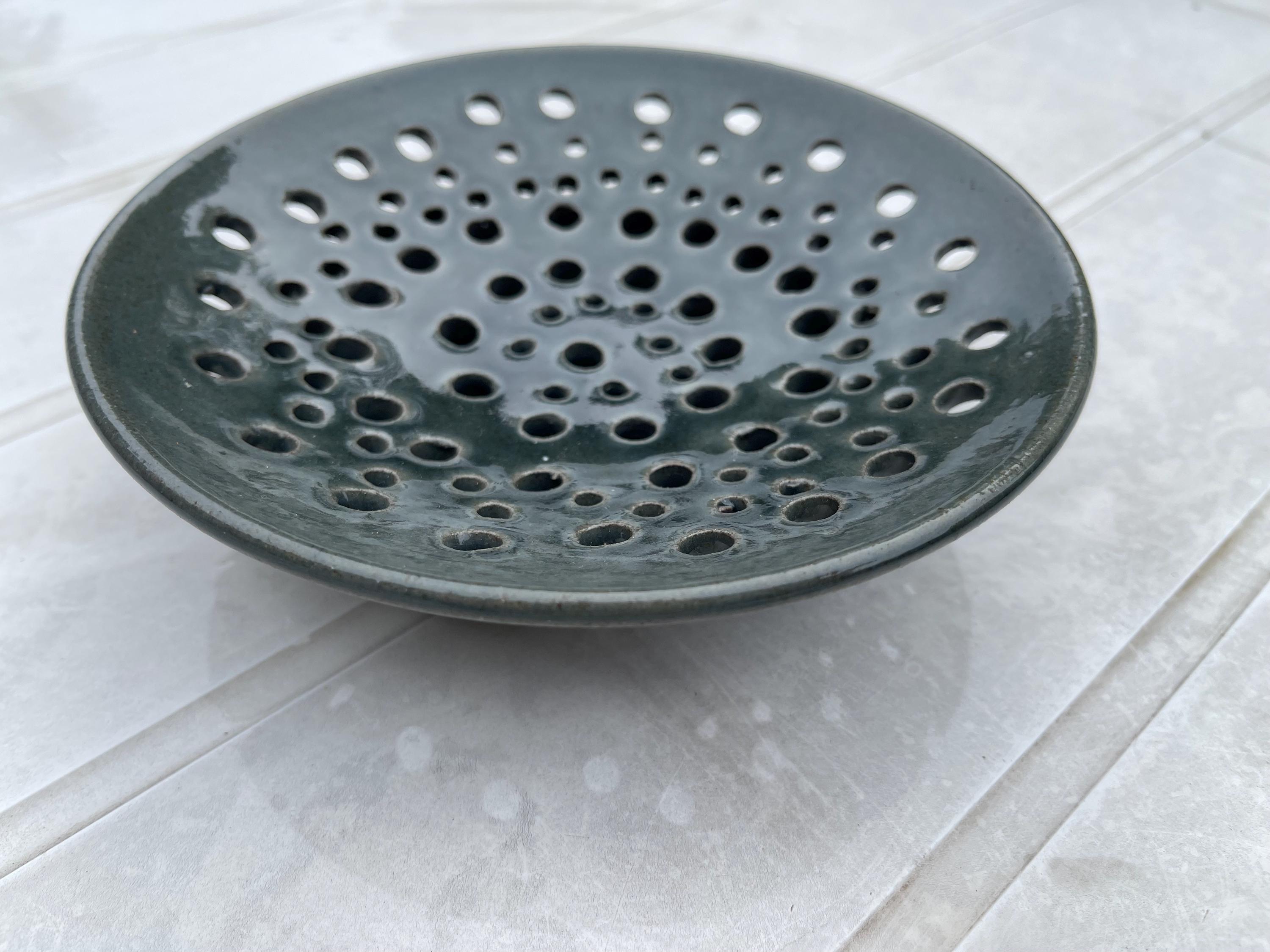 Pottery, Wheel Thrown, Berry Bowl, 6x2.5, Lots of Holes, Green ...
