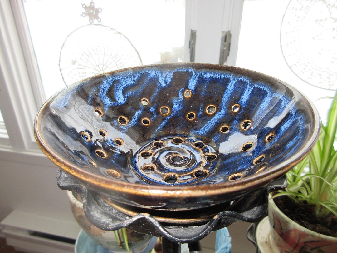 Pottery, Wheel Thrown, Berry Bowl, 6"x2", Lots of Holes, Blue, Handmade ...