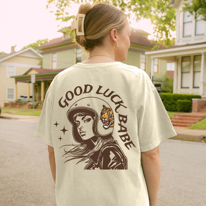 Good Luck Babe Retro Biker Girl T-shirt - Vintage Motorcycle Rider ...