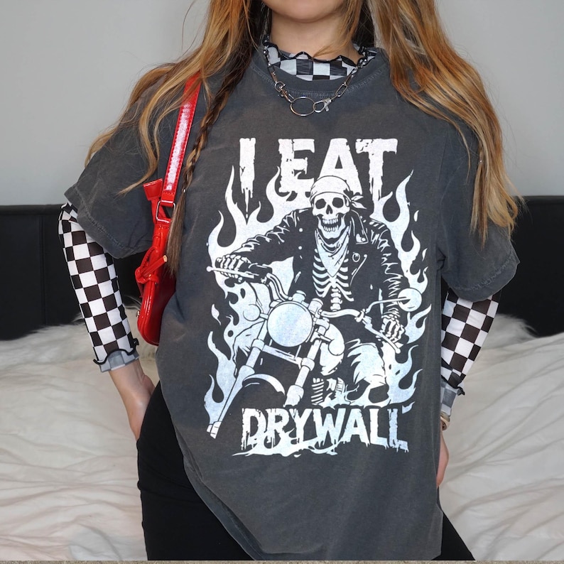 Cursed Skeleton Biker Tee, I Eat Drywall Weird Shirt, Sarcastic ...
