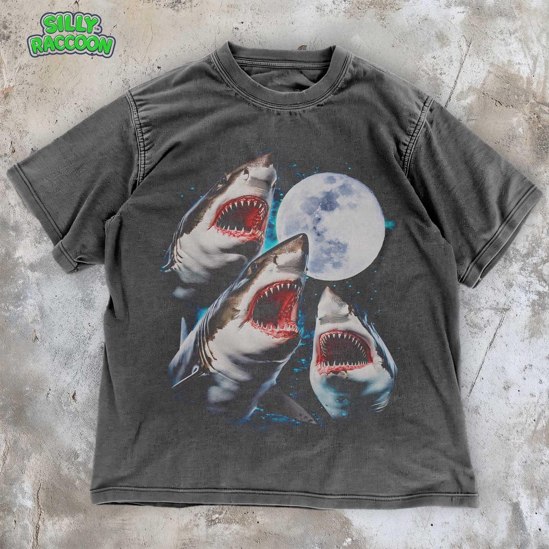 Three Sharks Moon T-shirt | 90s Vintage Ocean Graphic Tee | Moonlit ...