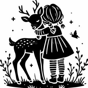 4 Girl Hugging Deer SVG 4 Cut File | Heartwarming Woodland Silhouette ...