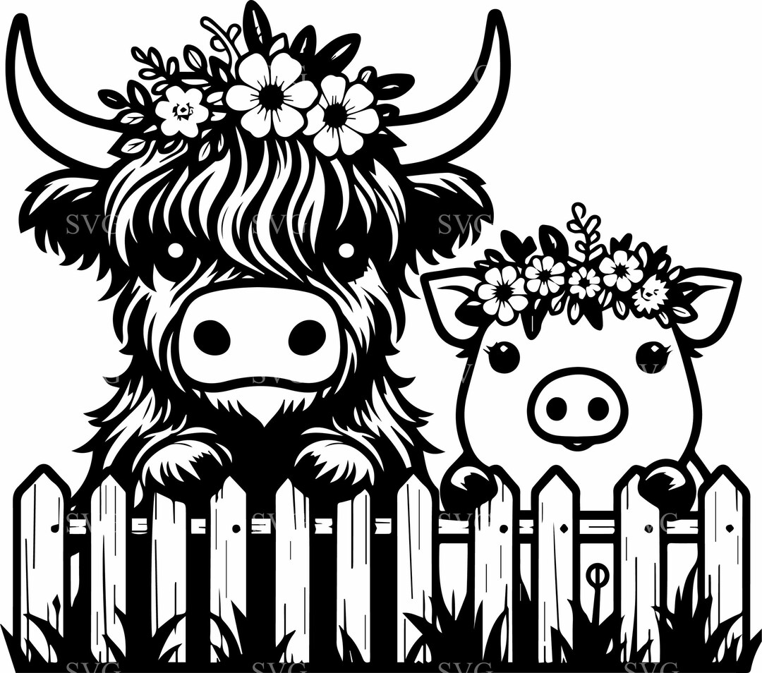 5 Highland Cow Pig SVG Cut File, 5 Floral Farm Animals Svg Clipart ...
