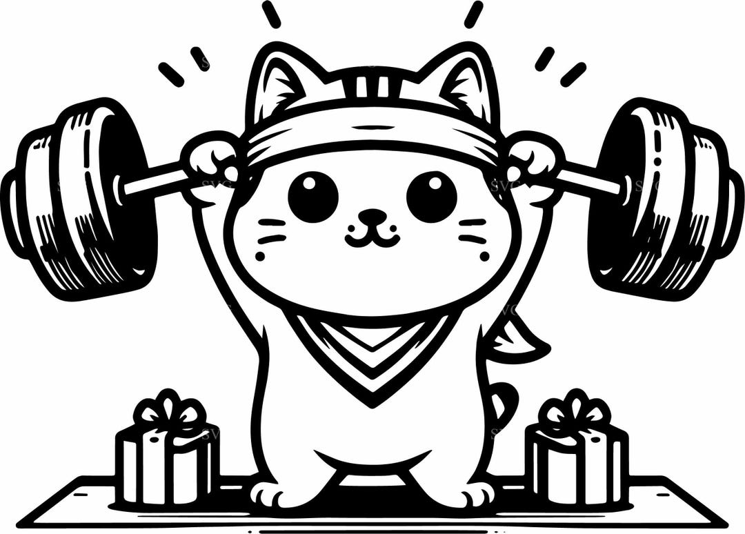 5 Strong Cat SVG 5 Cut File - Cute Kitty Lifting Weights With Gift ...