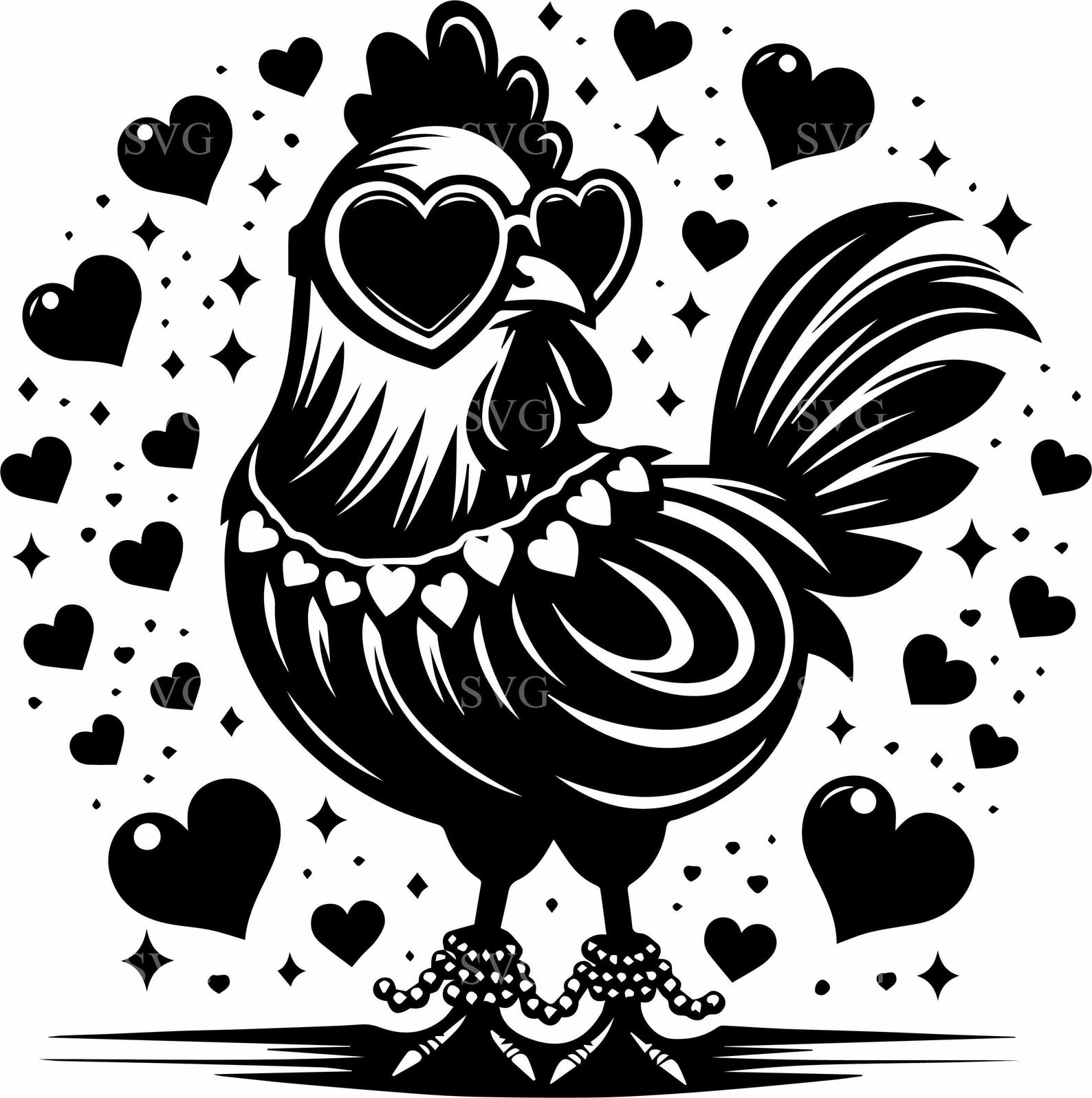 8 Valentine Chicken Silhouette SVG – Love Hearts Hen With Glasses Cut ...