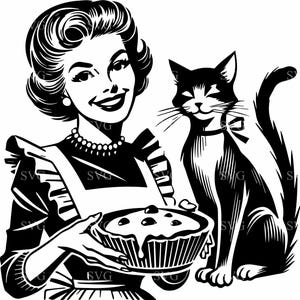 Retro Woman Baking With Cat SVG 6 Cut File - Vintage Silhouette Design ...