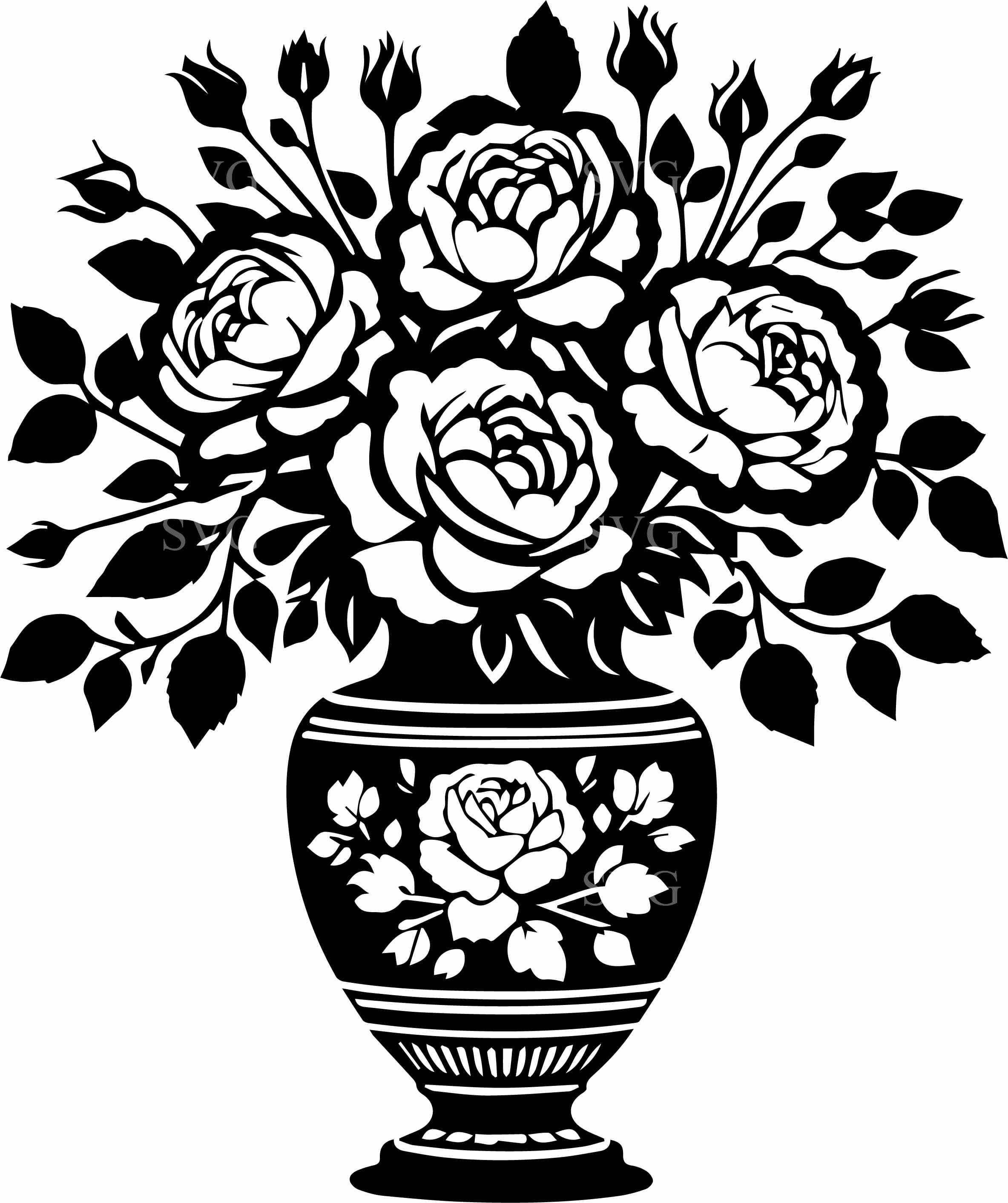 5 Vintage Roses in Vase SVG Elegant Floral Arrangement Clipart ...