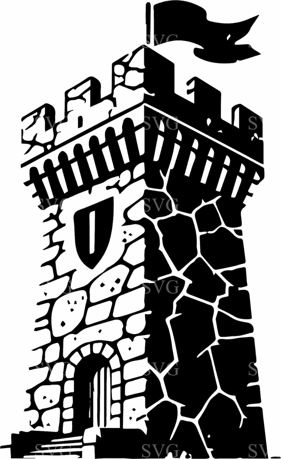 Castle Tower SVG 6 Cut File - Medieval Stone Tower Silhouette With Flag ...