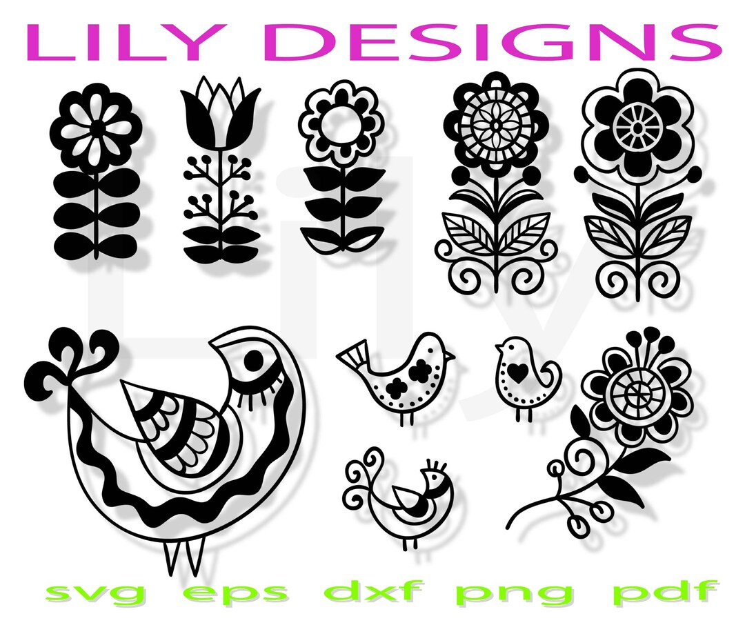Folk Art Bird Svg Bundle Folkart Flower Primitive Country Rustic Nordic ...