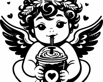 5 Adorable Cupid Angel Drinking Coffee | SVG Cut File for Cricut ...