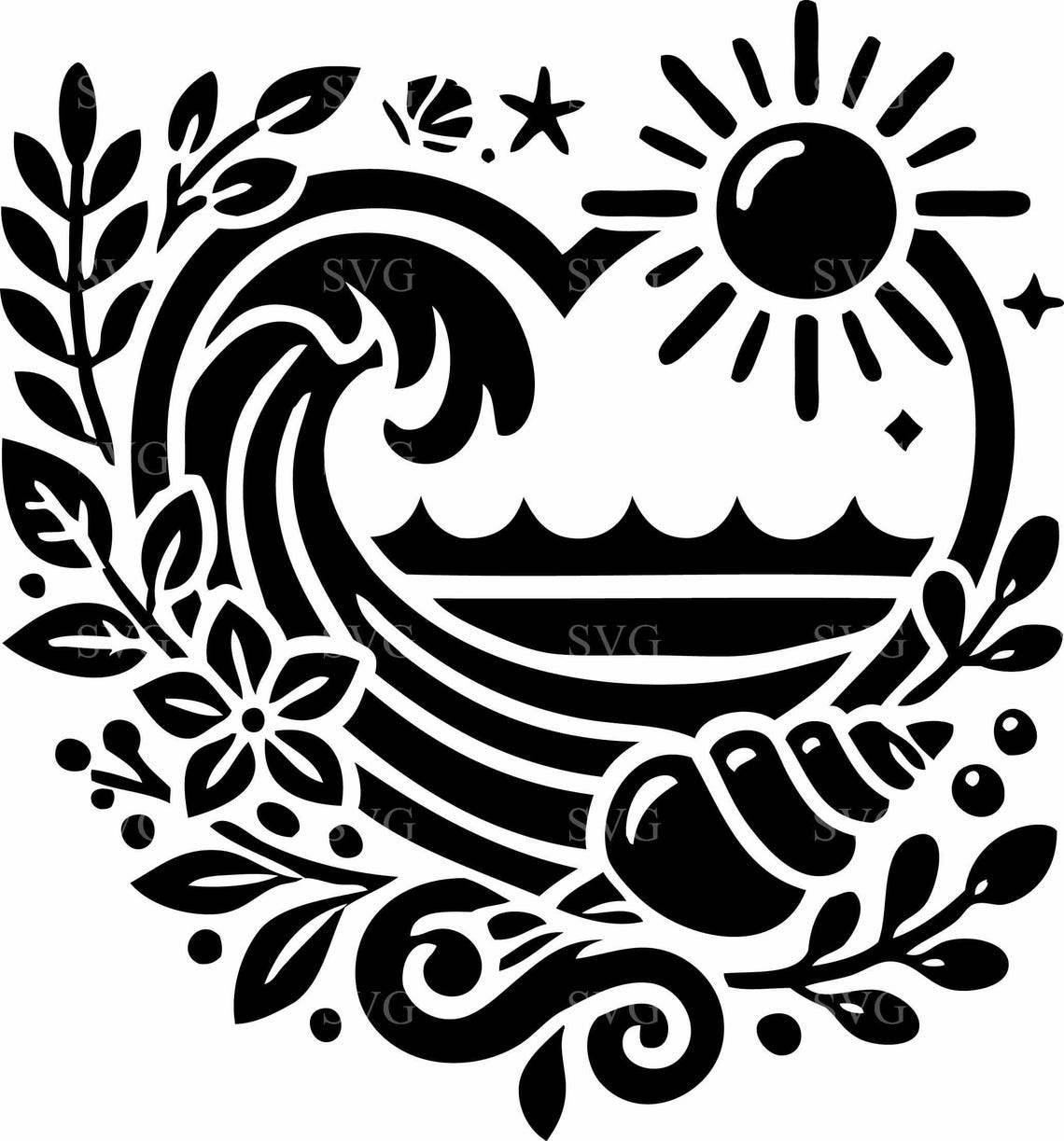Ocean Heart SVG - 8 Beach Waves Cut File With Sun and Shells for Cricut ...