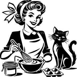 Retro Woman Baking With Cat SVG 6 Cut File - Vintage Silhouette Design ...