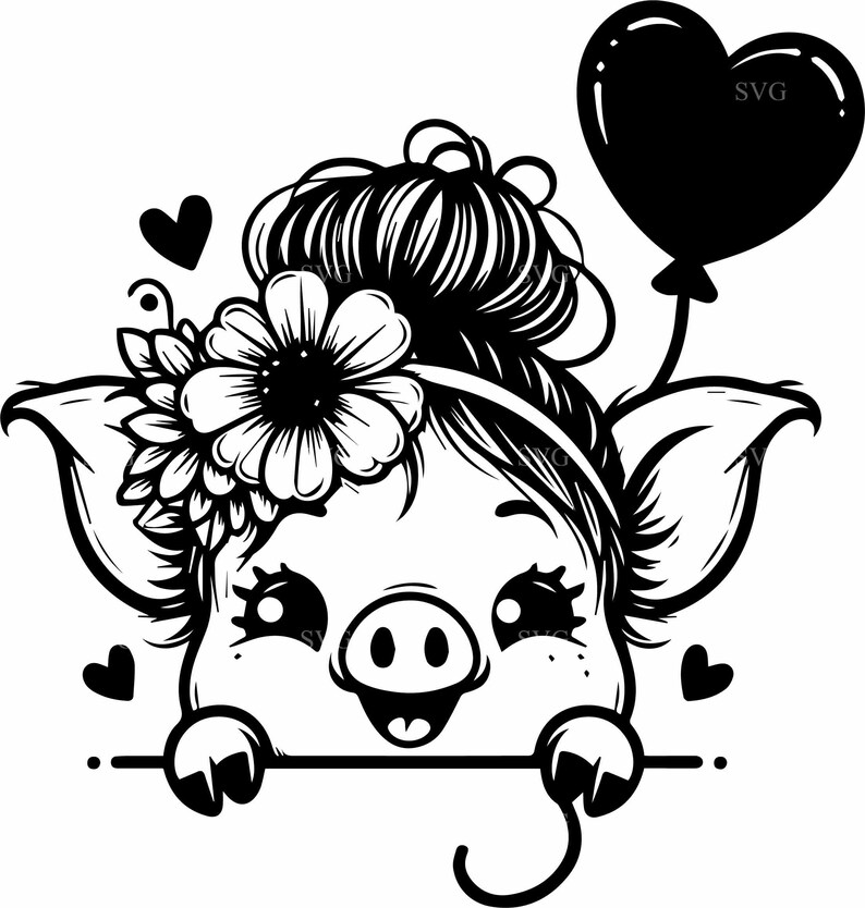 4 Pig SVG 4 Cut File With Flower Crown and Heart Balloon | Adorable ...