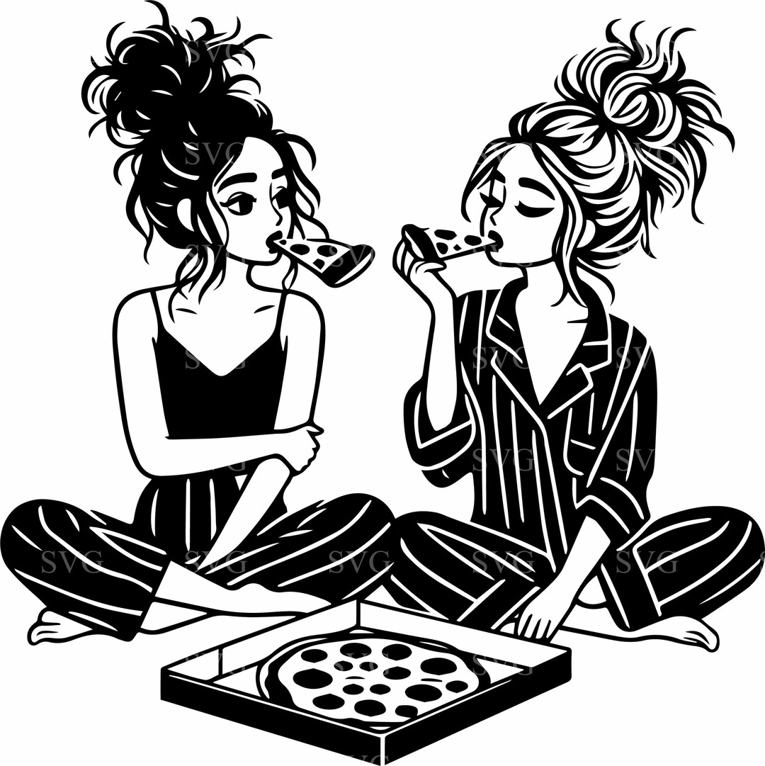 6 Pizza Girls SVG Cut File, Two Friends Eating Pizza Clipart, Pajama ...