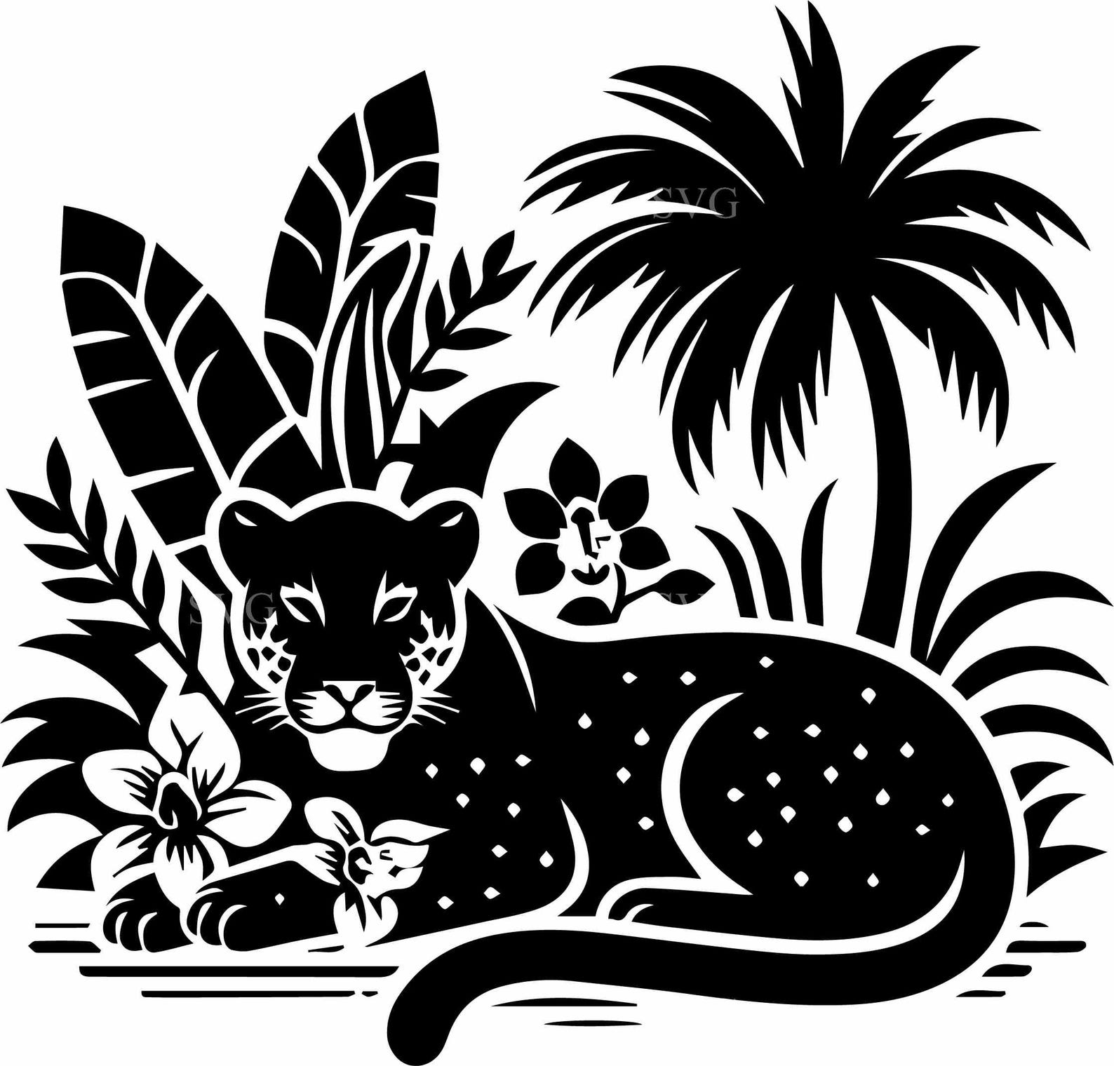 8 Leopard SVG, 8 Jungle Cat Silhouette With Tropical Flowers Cut File ...