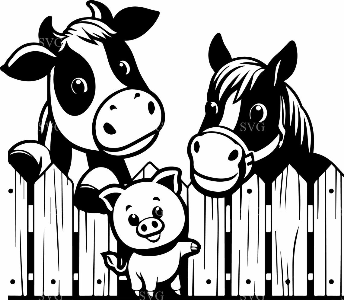6 Farm Animal SVG, 6 Cow Pig Horse Cut File, Cute Farm Fence SVG, Farm ...