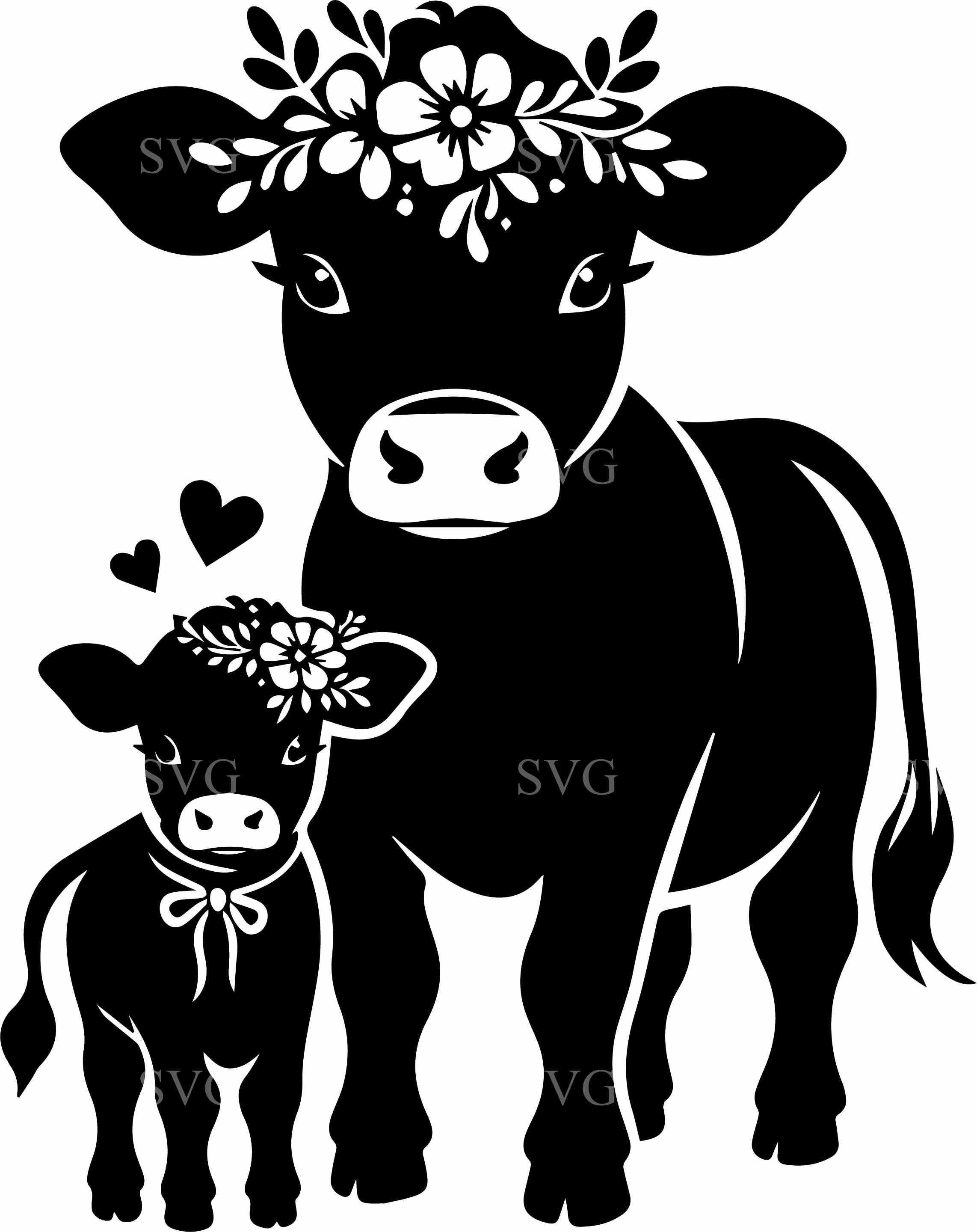 7 Cow and Calf SVG Cut File Floral Farm Animal Mother Baby Design for ...