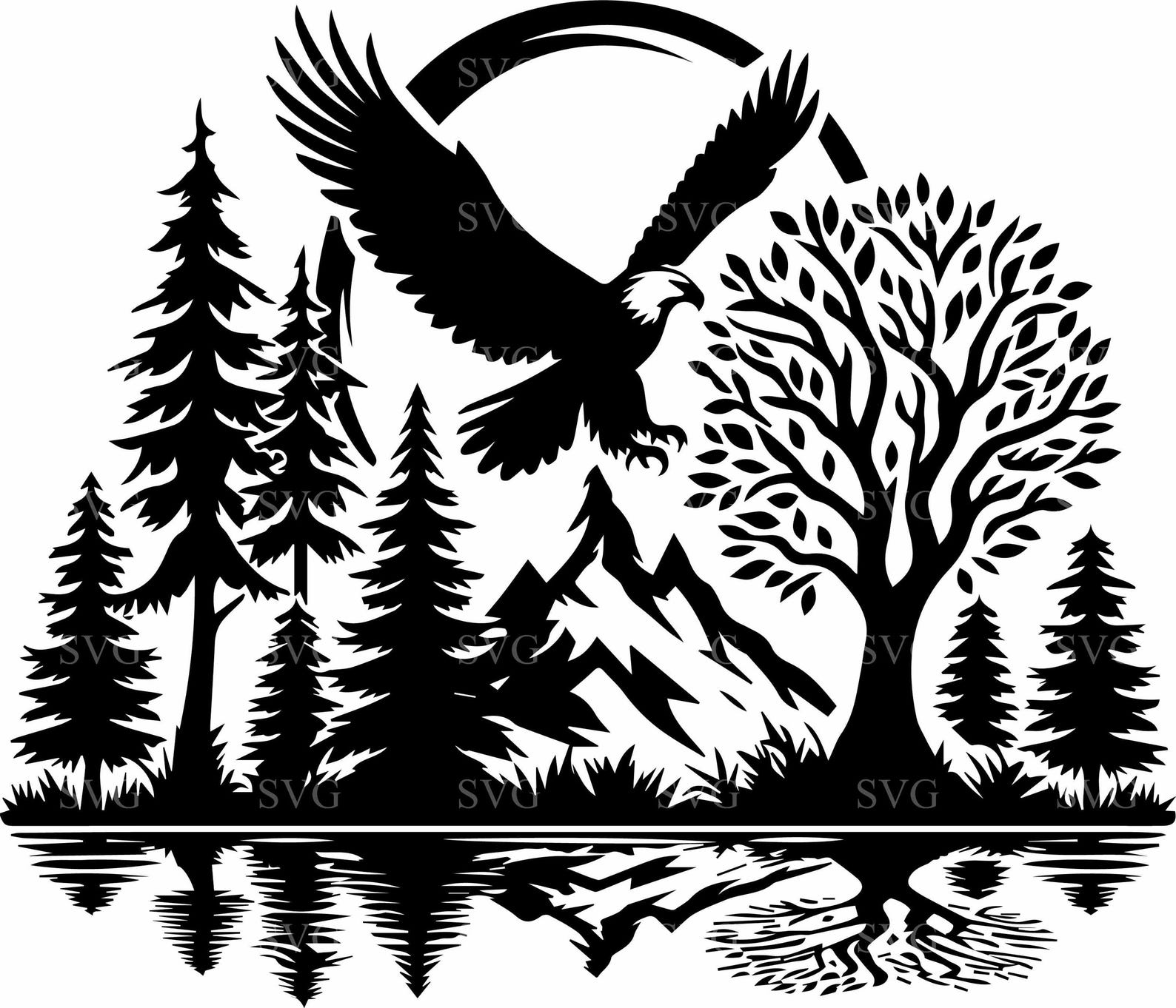 4 Majestic Eagle SVG Cut File, Soaring Bird With Forest and Moon ...