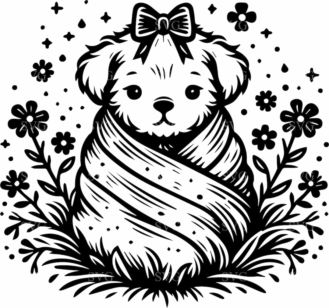 Cute Puppy SVG 5 Cut File - Swaddled Dog With Bow and Flowers ...
