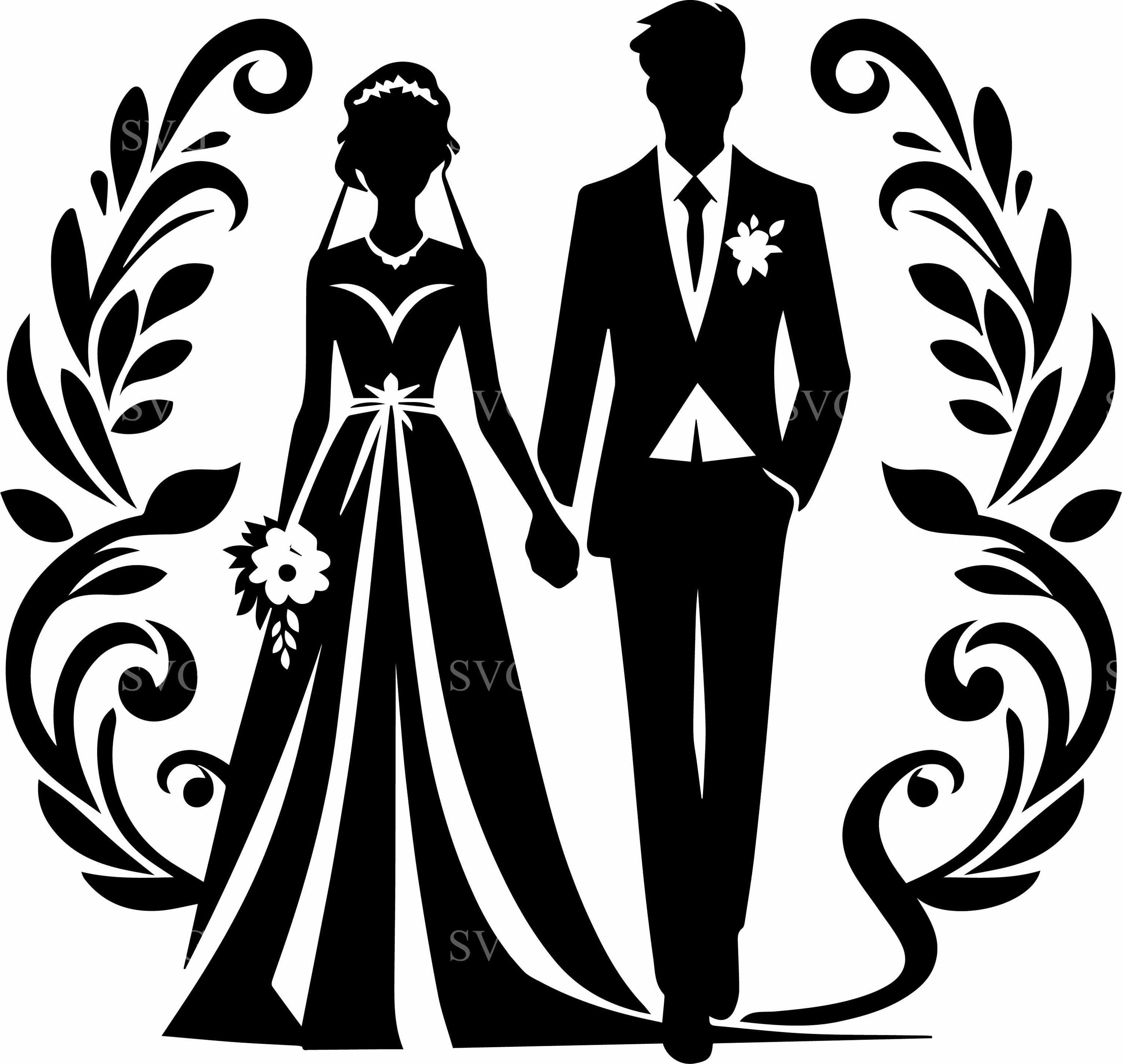 8 Wedding Couple Silhouette SVG – Bride and Groom Holding Hands Elegant ...