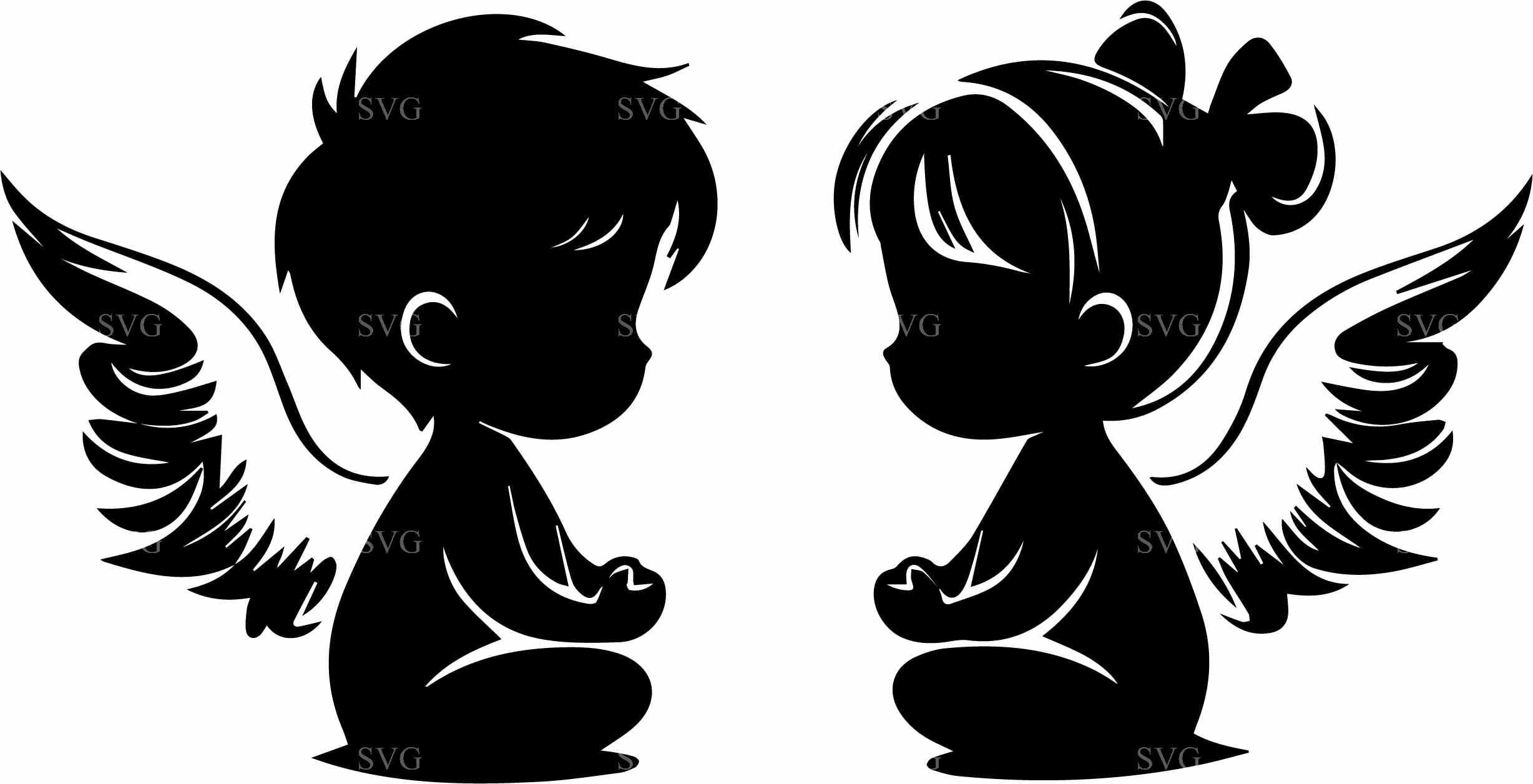 Angel Boy and Girl SVG 5 Cut File, Praying Cherub Silhouette, Heaven ...