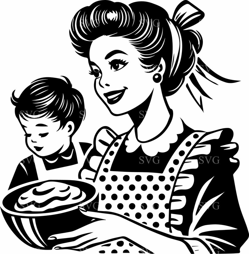 4 Retro Baking SVG Clipart – Mother & Child Rolling Dough SVG (digital ...