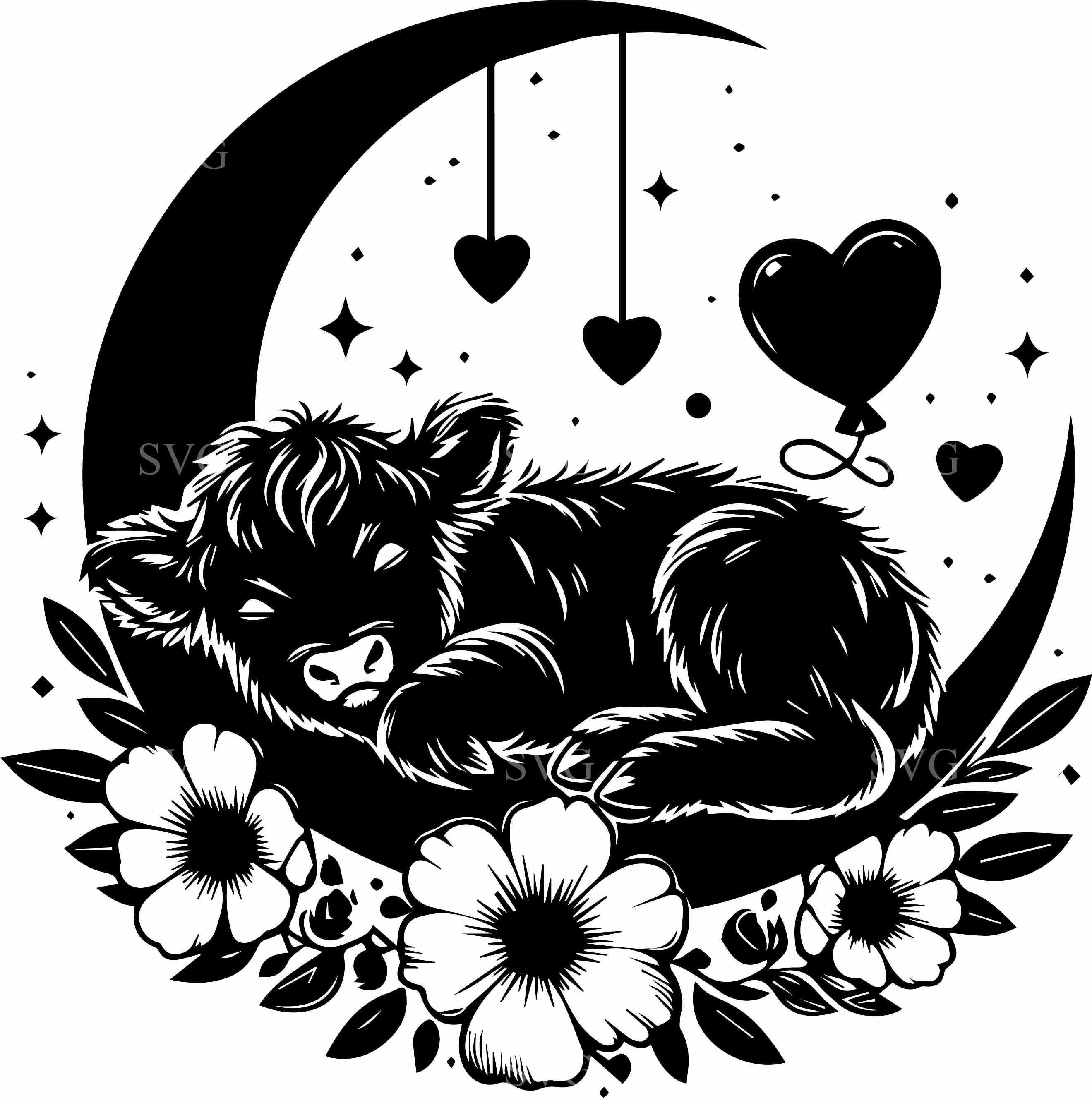 10 Baby Calf Moon SVG – Sleeping Cow Crescent Night Hearts Floral ...