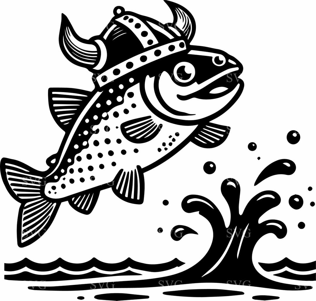 Viking Fish SVG 6 Cut File - Fish With Viking Helmet Jumping From Waves ...