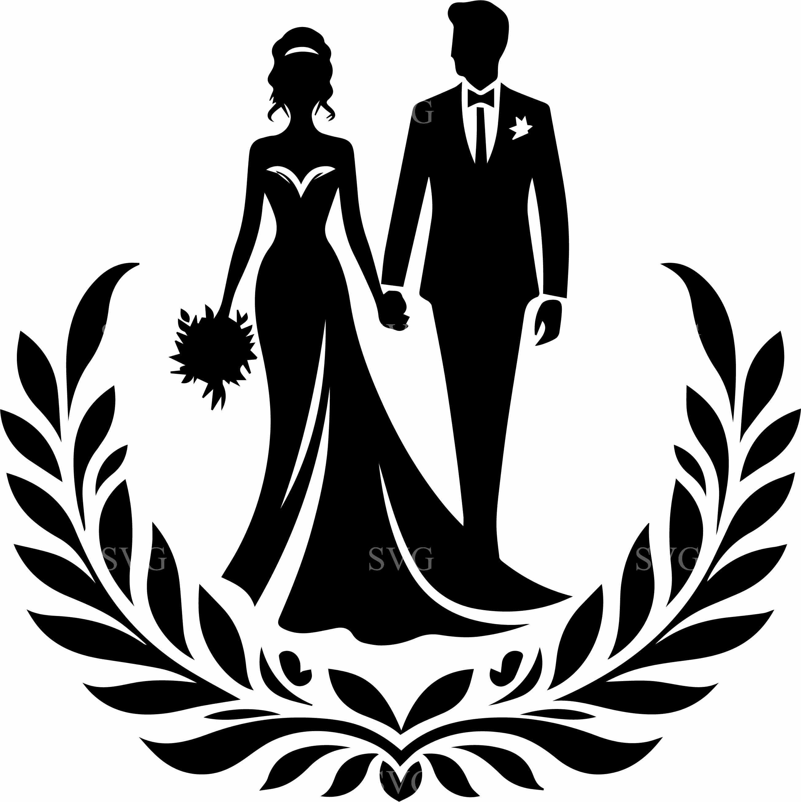 8 Wedding Couple Silhouette SVG – Bride and Groom Holding Hands Elegant ...