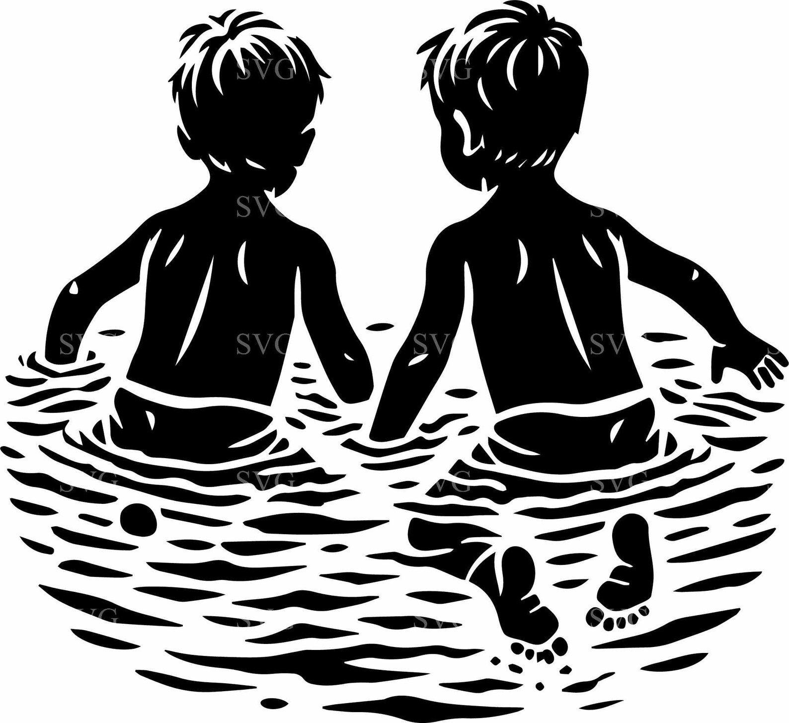 4 Kids Wading in Water SVG Cut File Two Boys Playing in Ripples Summer ...