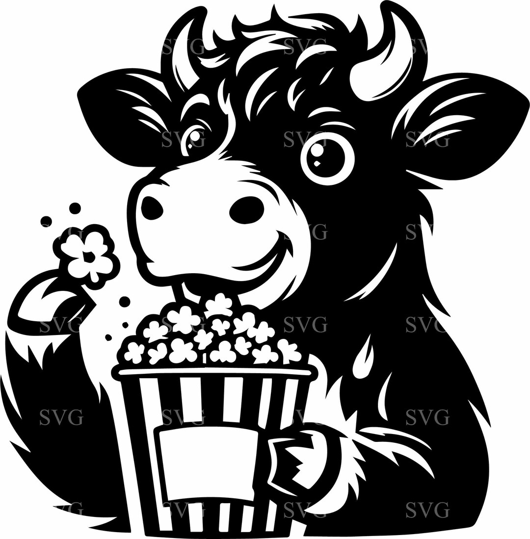 4 Highland Cow Eating Popcorn SVG, Cute Movie Night Cow Cut File, Fun ...