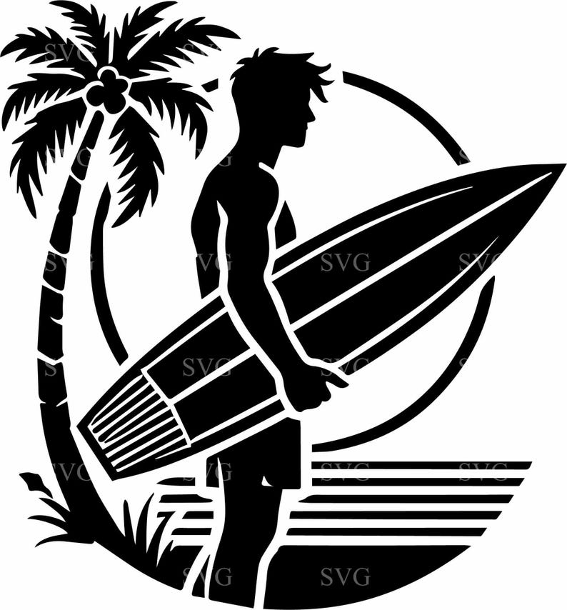 7 Surfer Silhouette SVG 7 Cut File - Man With Surfboard and Palm Tree ...