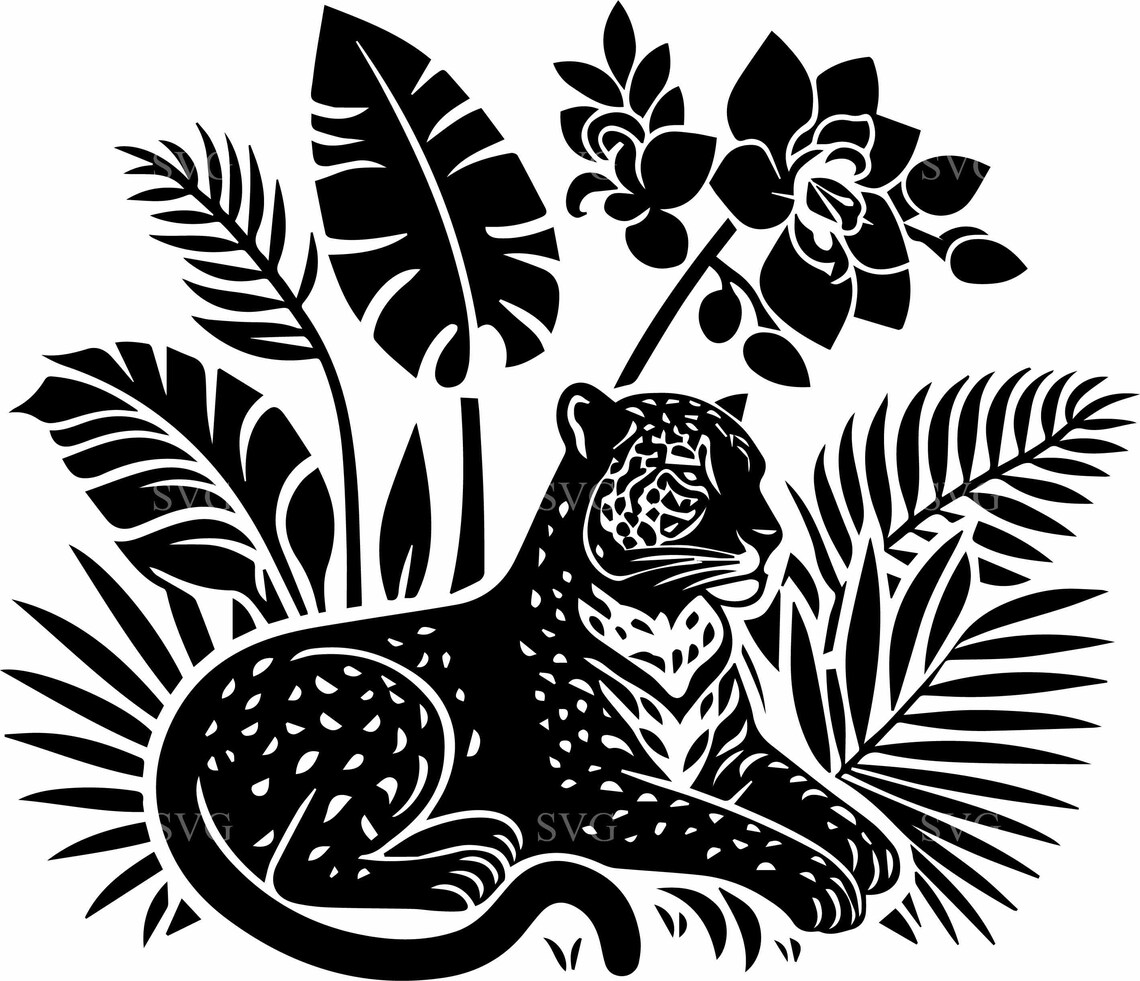 8 Leopard SVG, 8 Jungle Cat Silhouette With Tropical Flowers Cut File ...