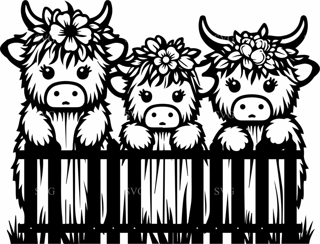 7 Highland Cow Family SVG, 7 Three Cows Behind Fence Cut File, Floral ...