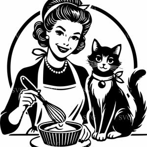Retro Woman Baking With Cat SVG 6 Cut File - Vintage Silhouette Design ...
