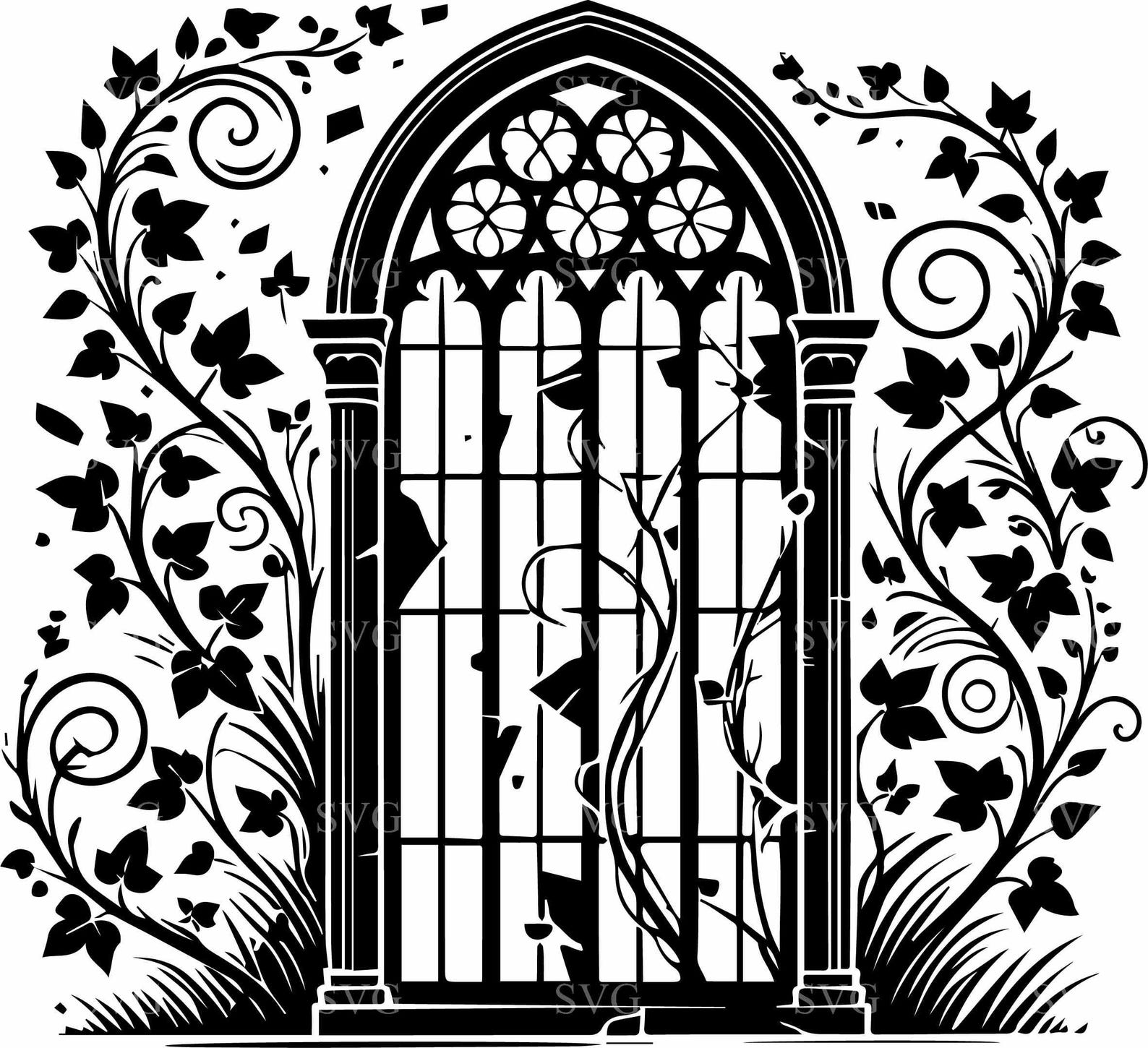 Gothic Fenster SVG - 4 mit Efeu überwucherte Glasmalerei - Elegante ...