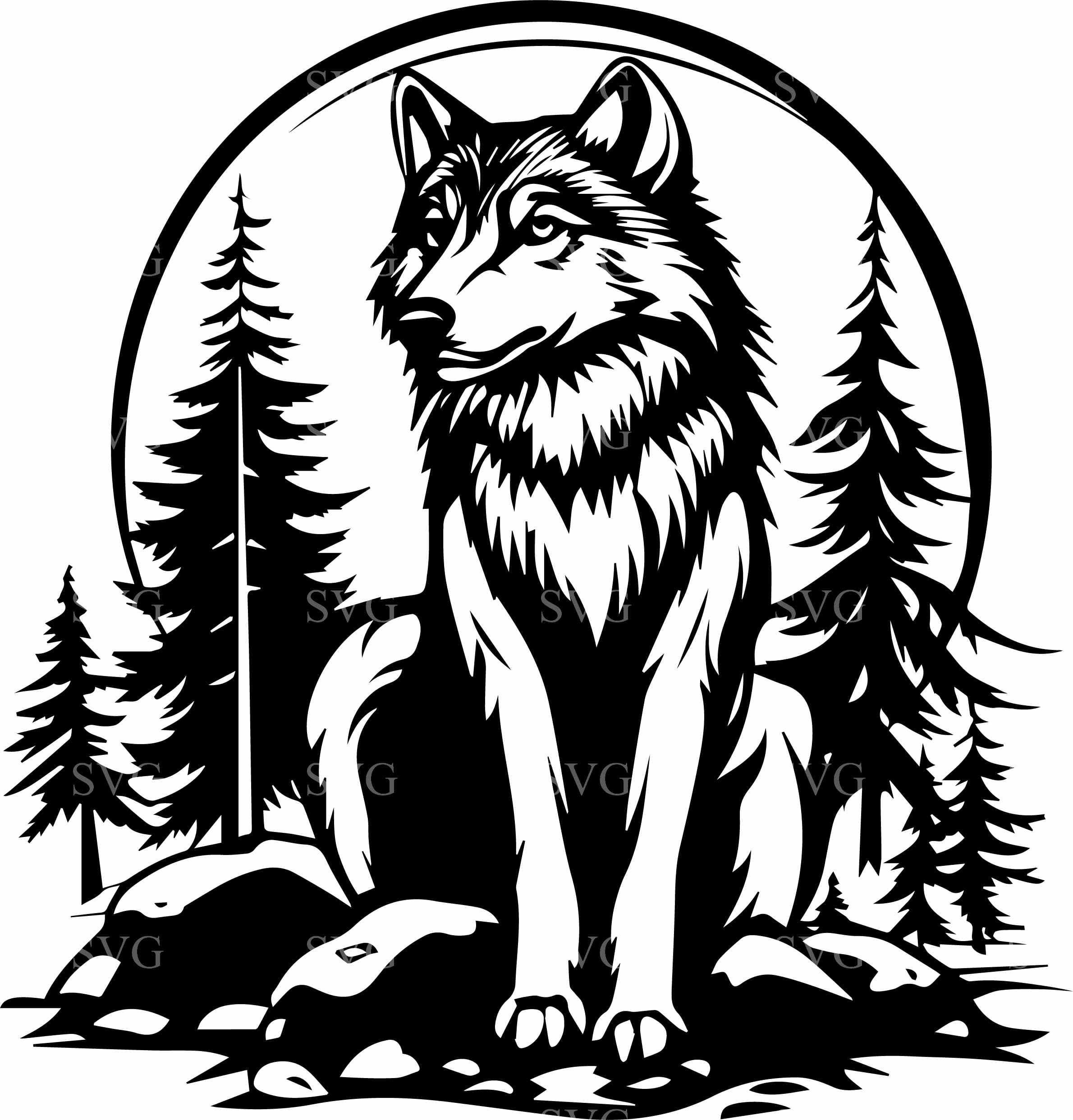 8 Majestic Wolf SVG, 8 Forest Wildlife Silhouette, Lone Wolf With Pines ...