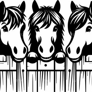 4 Farm Horses SVG | Trio of Horses Behind Fence Clipart | Rustic Farm ...